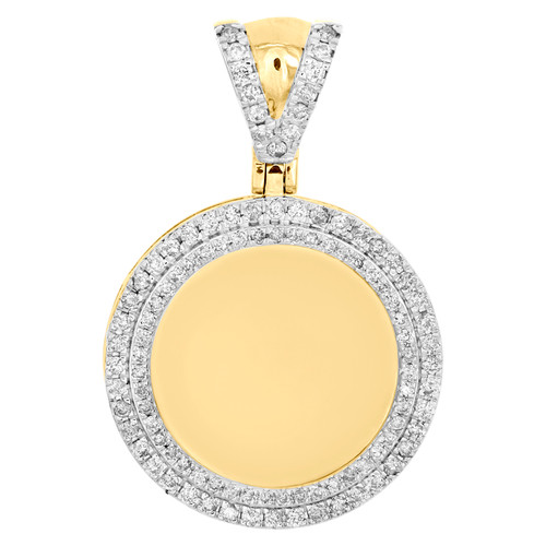 10K Yellow Gold Round Diamond Memory Picture Frame Pendant 1.50" Pave ...