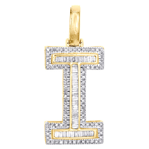 10K Yellow Gold Baguette Diamond Letter I Mini Pendant 1.2" Initial ...
