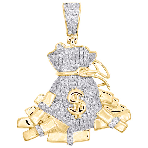 10K Yellow Gold Diamond Money Bag 100 Dollar Stacks Pendant 1.65" Charm ...