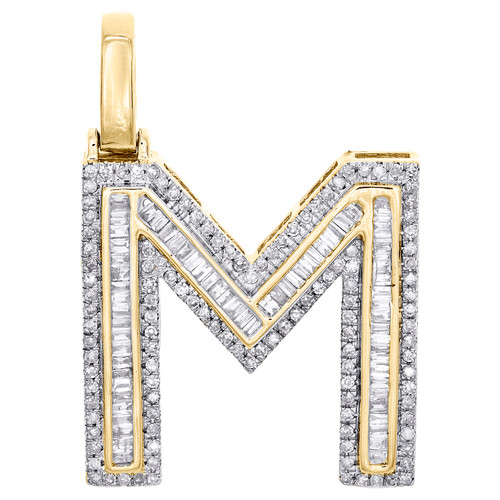 10K Yellow Gold Baguette Diamond Letter M Pendant 1.20" Initial Charm 3 ...