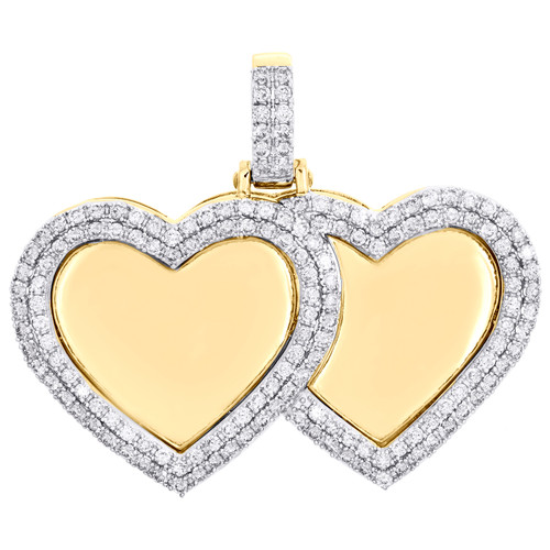 10K Yellow Gold Diamond Double Heart Memory Picture Frame 1.40" Pendant ...