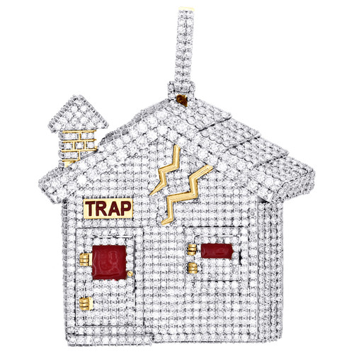 10K Yellow Gold Round Diamond Statement Trap House Pendant 2.75" Charm ...