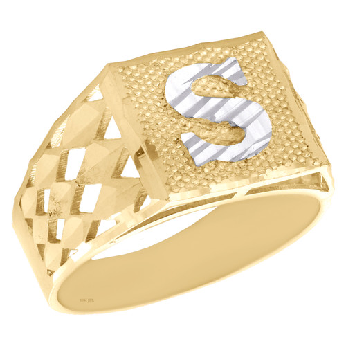 Real 10K Yellow Gold Diamond Cut Initial Letter S Statement Pinky Ring ...