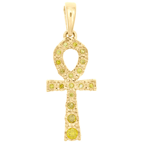 10K Yellow Gold Yellow Diamond Ankh Cross Pendant Prong Set 1.15" Charm ...