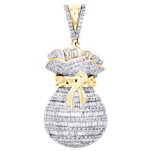 10K Yellow Gold Round & Baguette Diamond Money Bag Pendant 1.60