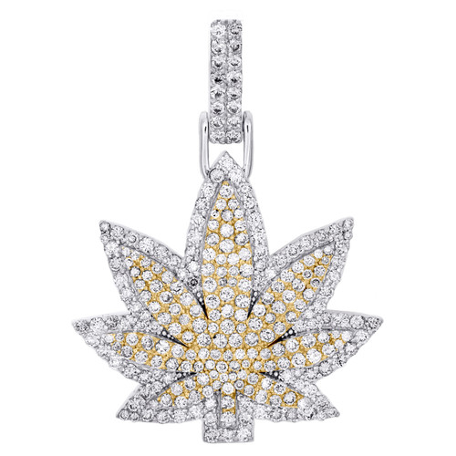 10K White Gold Round Diamond Marijuana Hemp Leaf Pendant 1.50" Charm 1. ...
