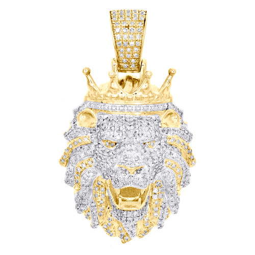 10K Yellow Gold Round Diamond Lion Head Crown Pendant 1.65" Pave Charm ...