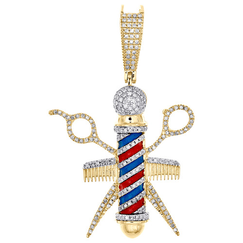 10K Yellow Gold Diamond Barber Shop Pole Scissor Comb Pendant 1.75 ...