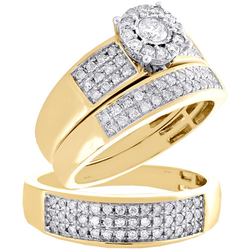 14K Yellow Gold Solitaire Diamond Trio Set Flower Bridal Wedding Rings 0.87 CT Adult Unisex Size 10