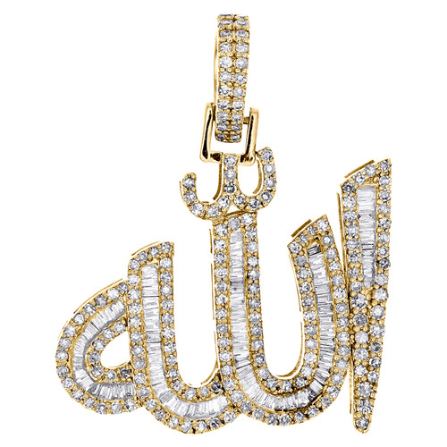 10K Yellow Gold Round & Baguette Diamond Arabic Script Allah Pendant 1. ...