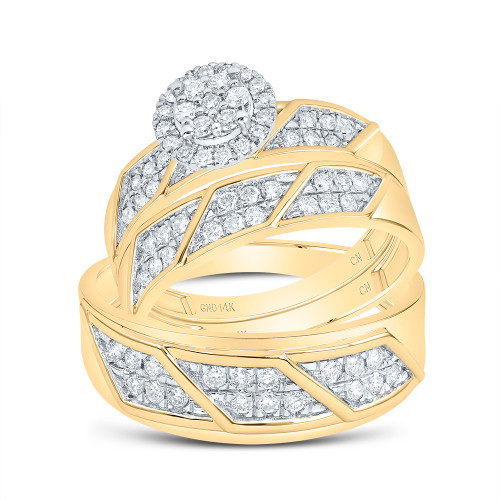 14K Yellow Gold Round Cut Diamond Men s Wedding Band Women s Bridal Set Tiered Floral Halo Flower Cluster Matching Trio Set 5 8 ct