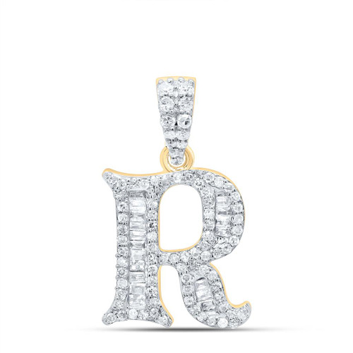 10K Yellow Gold Baguette Diamond Old English Block Font Initial R ...