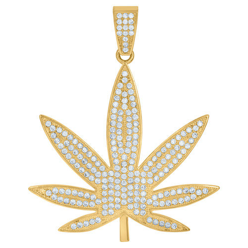 10K Yellow Gold Round CZ Men's 2.15" Iced Out Charm Weed Marijuana Leaf ...