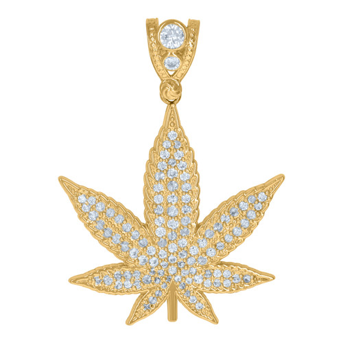 10K Yellow Gold Round CZ Unisex 2" Iced Out Charm Weed Marijuana Leaf ...