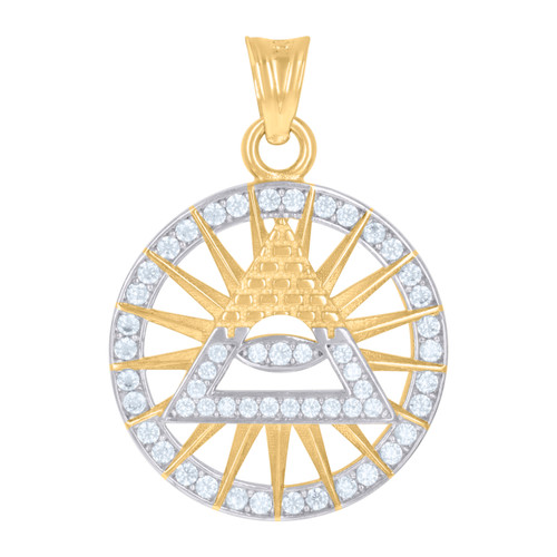 10K Two Tone Gold CZ Men's 1.10" Circle Medallion Luck Pyramid Evil Eye ...
