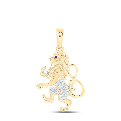 10K Yellow Gold Real Diamond Unisex Red Eye Sigil Standing Lion Pendant ...