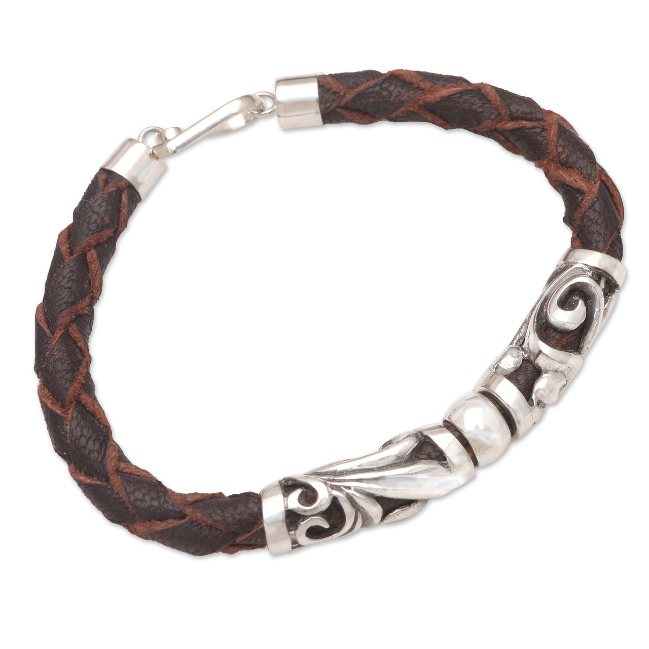 Braided Leather and Sterling Silver Bracelet 'Danu Beratan Garden in ...