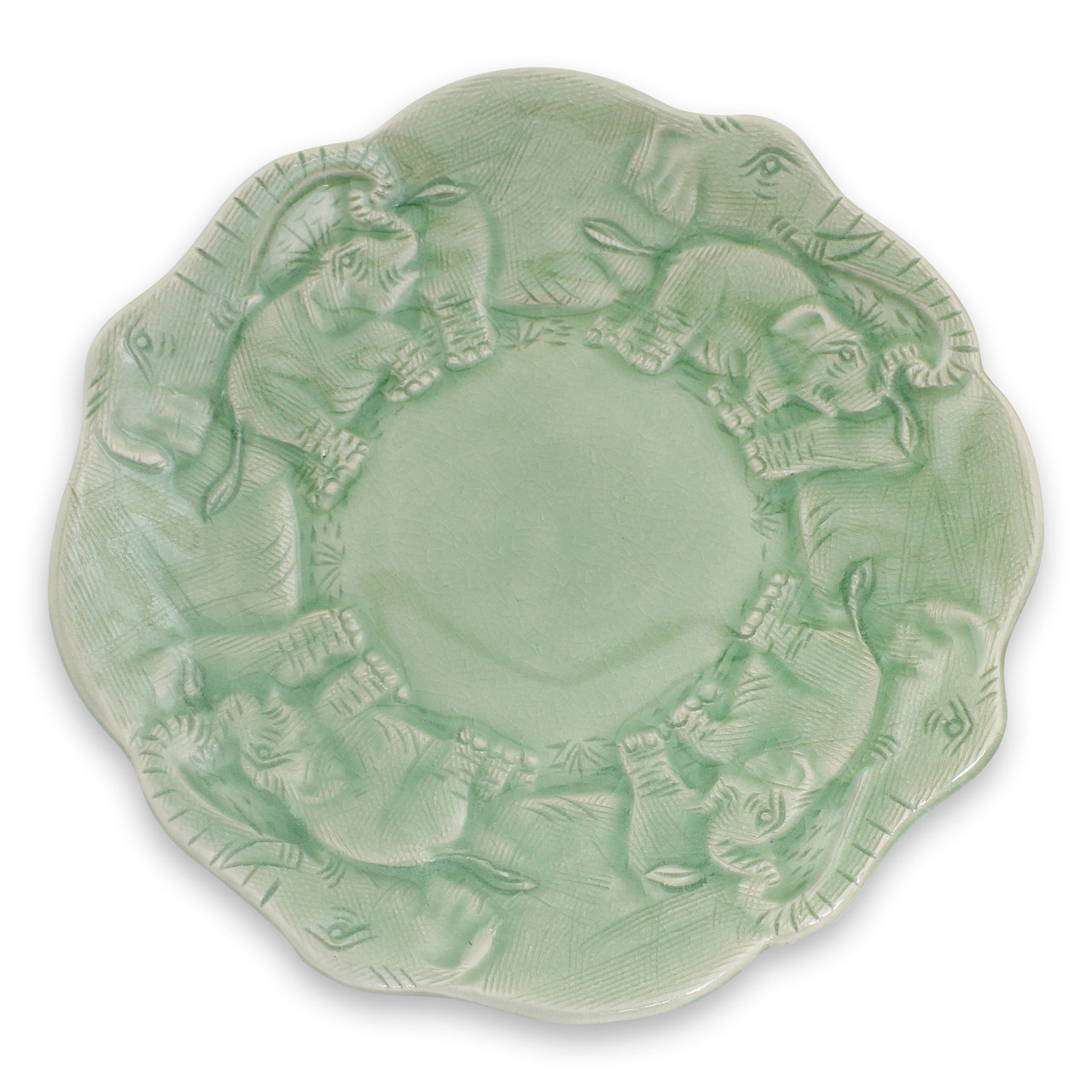 Artisan Crafted Elephant Theme Thai Celadon Ceramic Plate 'Elephant ...