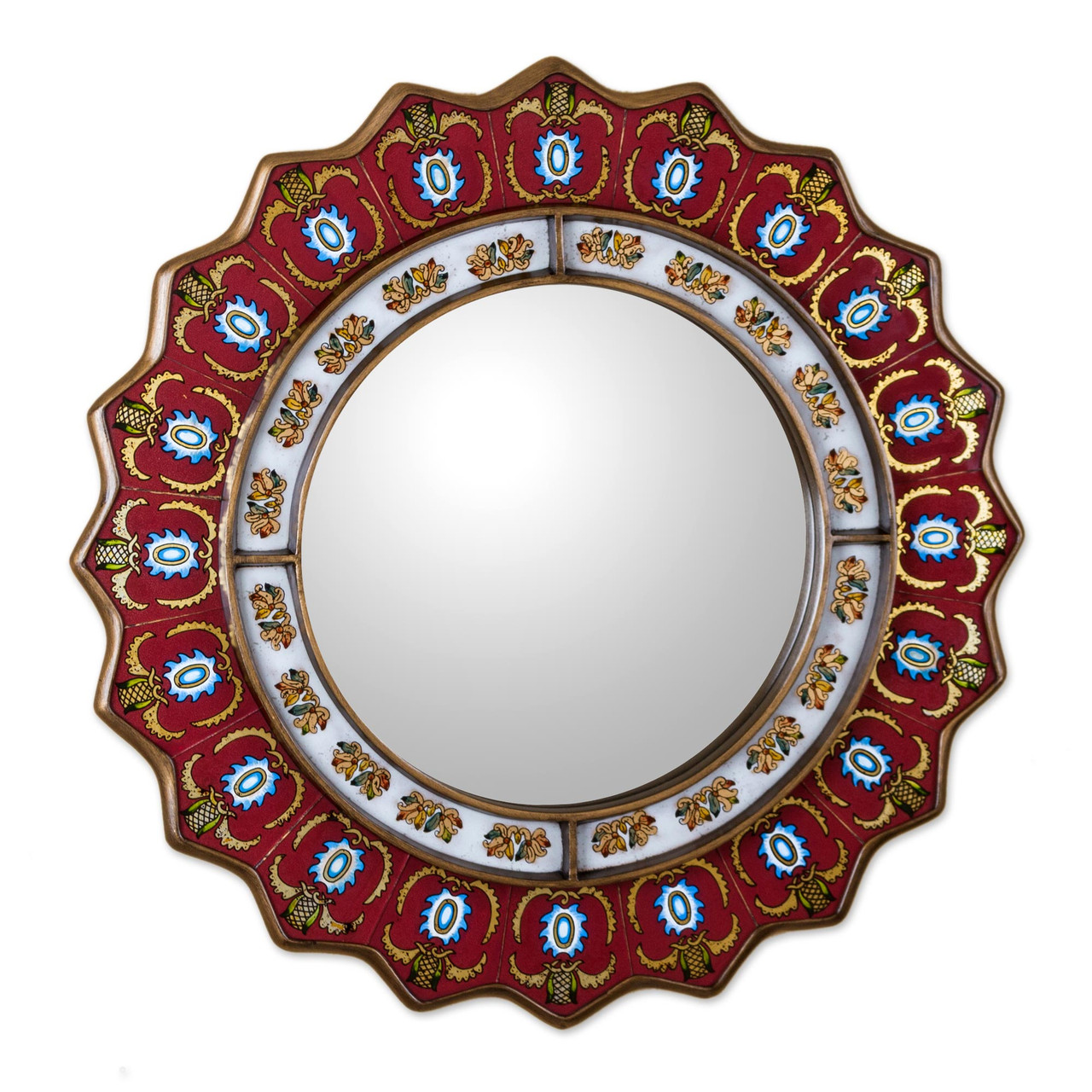 Red Reverse-Painted Glass Wall Mirror from Peru 'Ruby Medallion ...