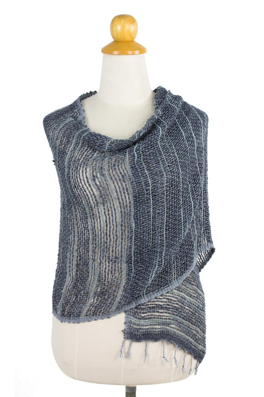 Blue Gray Open Weave Cotton Scarf Handmade in Thailand 'Winter Melange ...