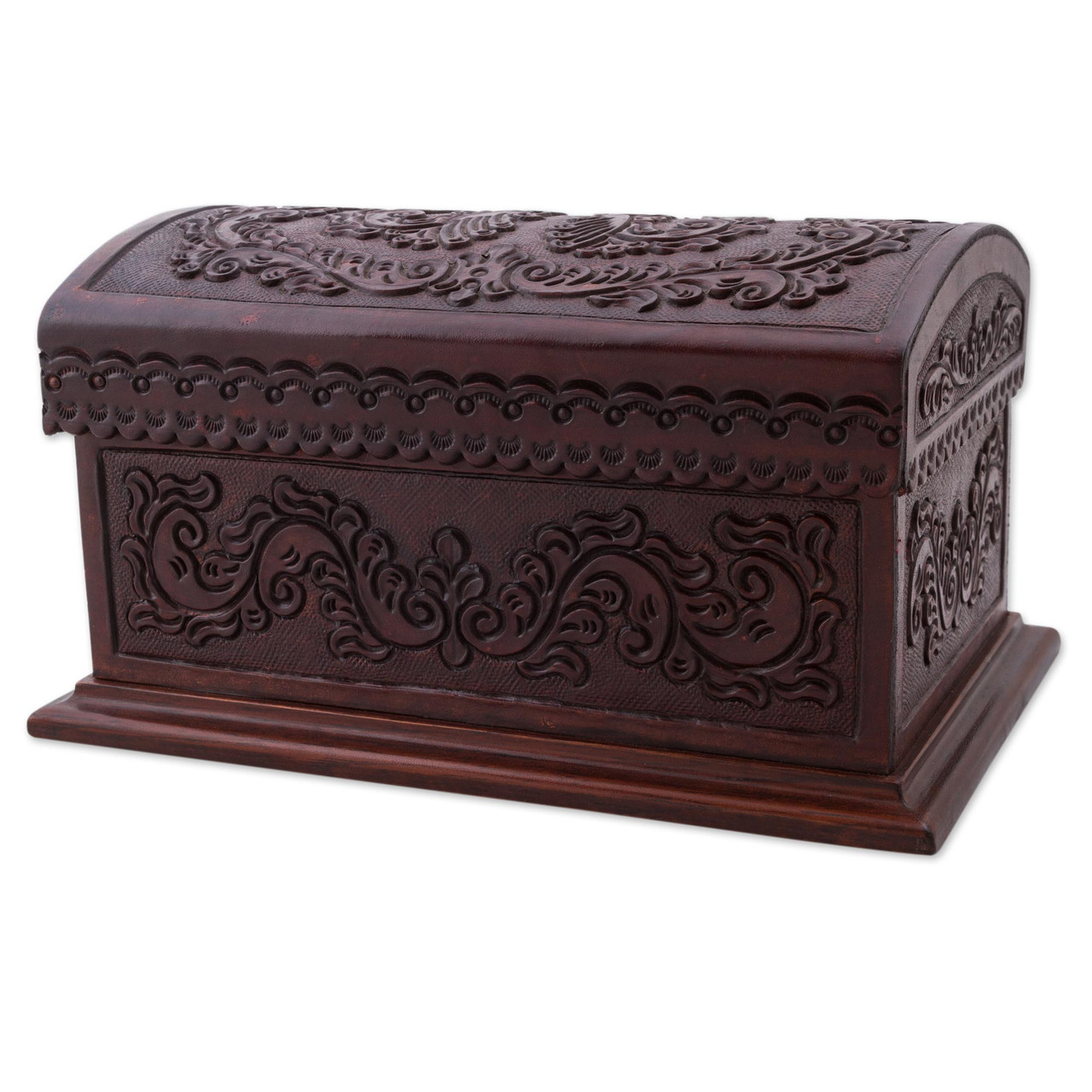 Embossed Leather Leaves on Mohena Wood Treasure Chest Box 'Classic ...