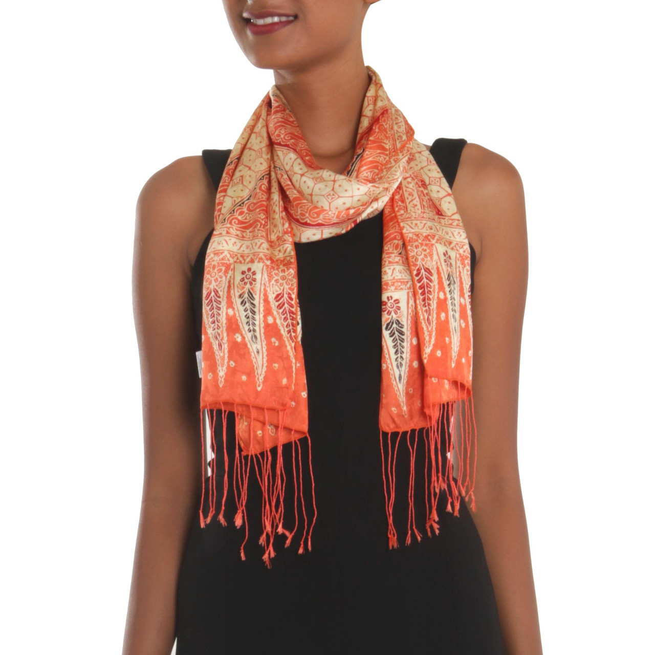 Batik Silk Scarf with Parang Motifs in Mandarin from Bali 'Parang World ...