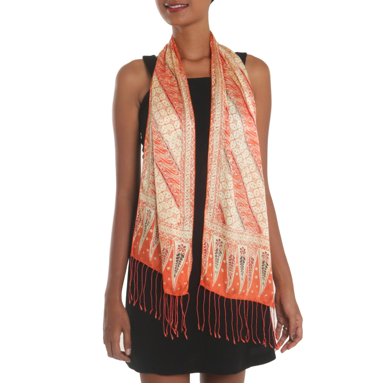 Batik Silk Scarf with Parang Motifs in Mandarin from Bali 'Parang World ...