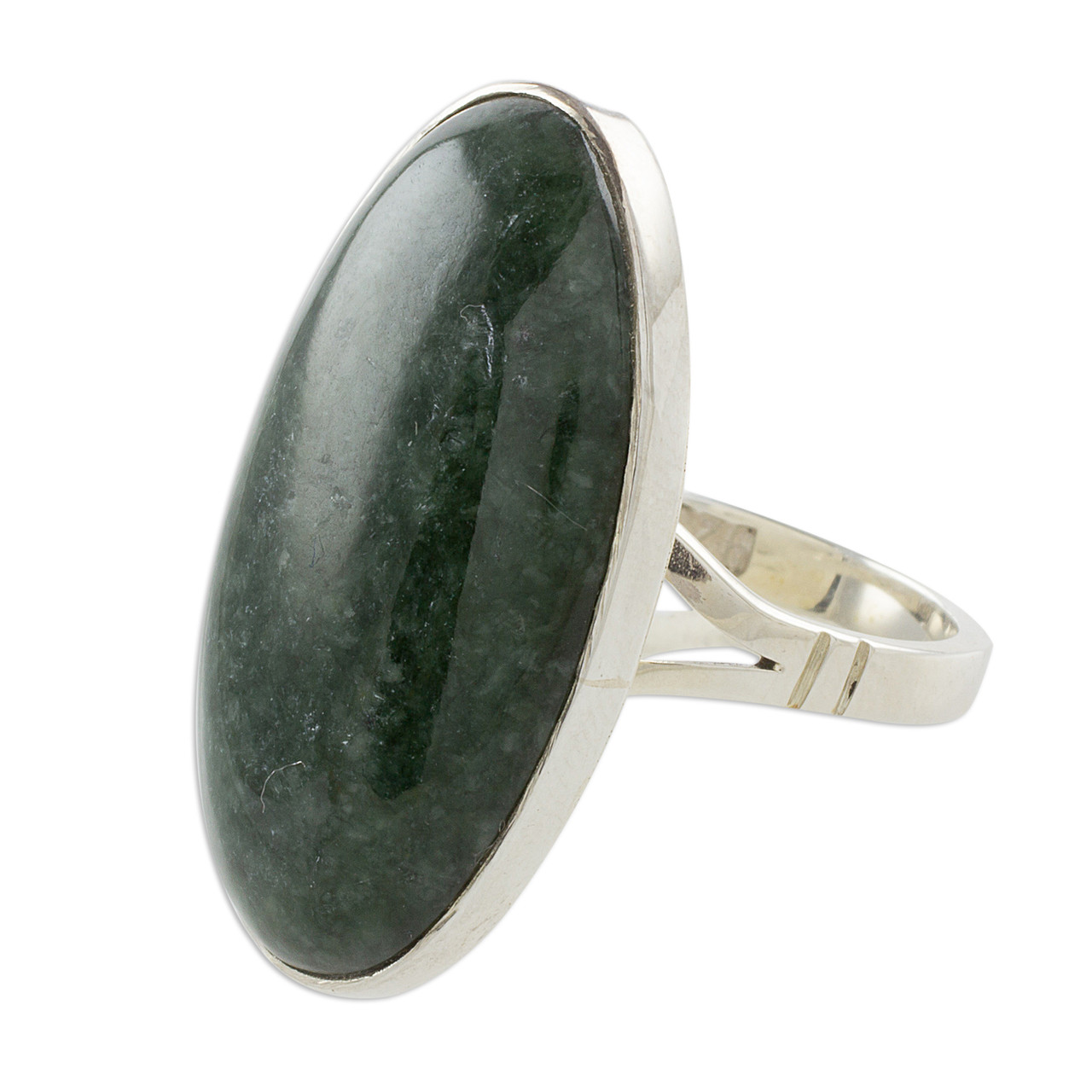 Oval Jade and Sterling Silver Cocktail Ring from Guatemala 'Dark Green ...