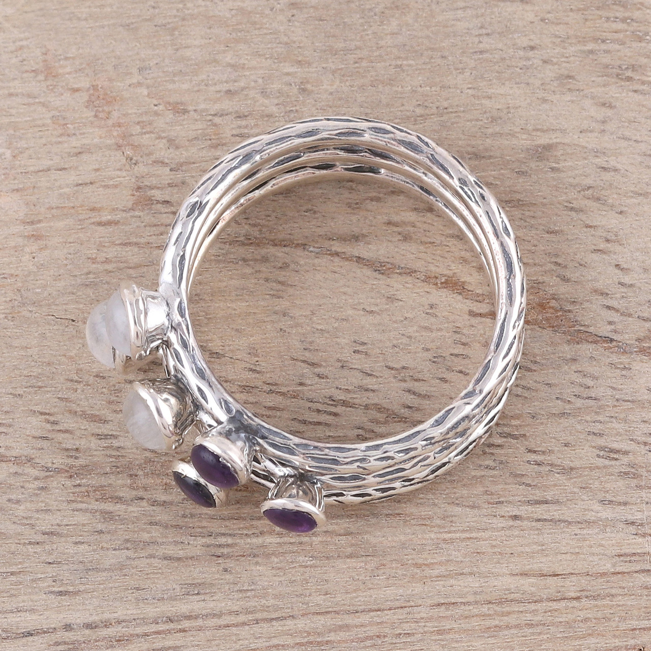 Three Rainbow Moonstone and Amethyst Stacking Rings 'Mystic Union ...