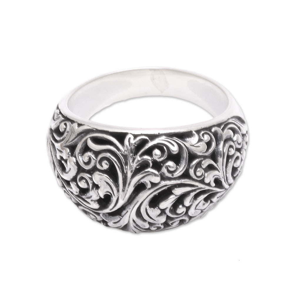 Leaf Pattern Sterling Silver Cocktail Ring from Java 'Borneo Forest ...