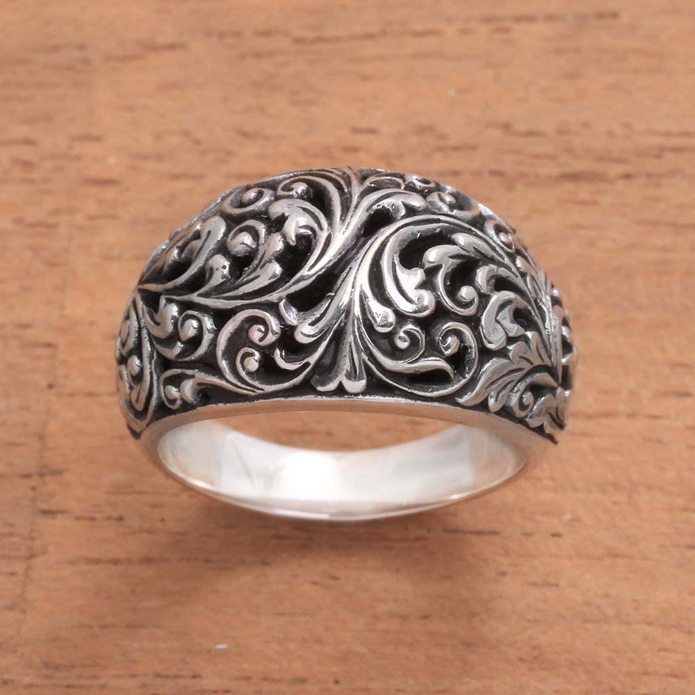 Leaf Pattern Sterling Silver Cocktail Ring from Java 'Borneo Forest ...