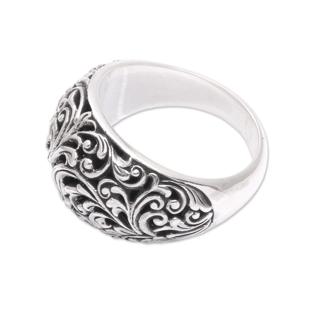 Leaf Pattern Sterling Silver Cocktail Ring from Java 'Borneo Forest ...