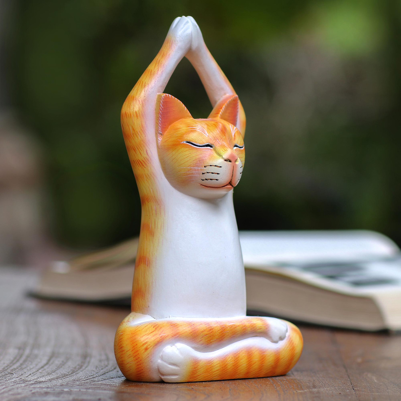 Orange Suar Wood Asana Pose Yoga Cat Sculpture from Bali 'Toward the ...