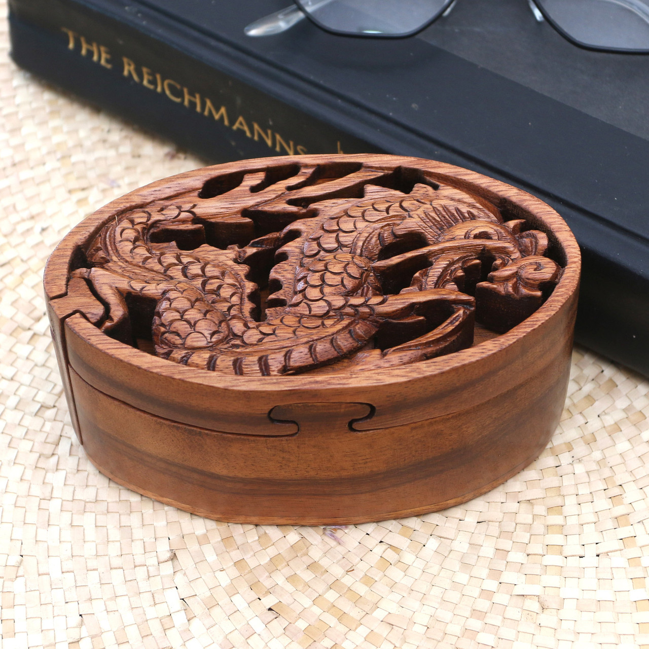 Dragon-Themed Suar Wood Puzzle Box from Bali 'Dragon Oval ...