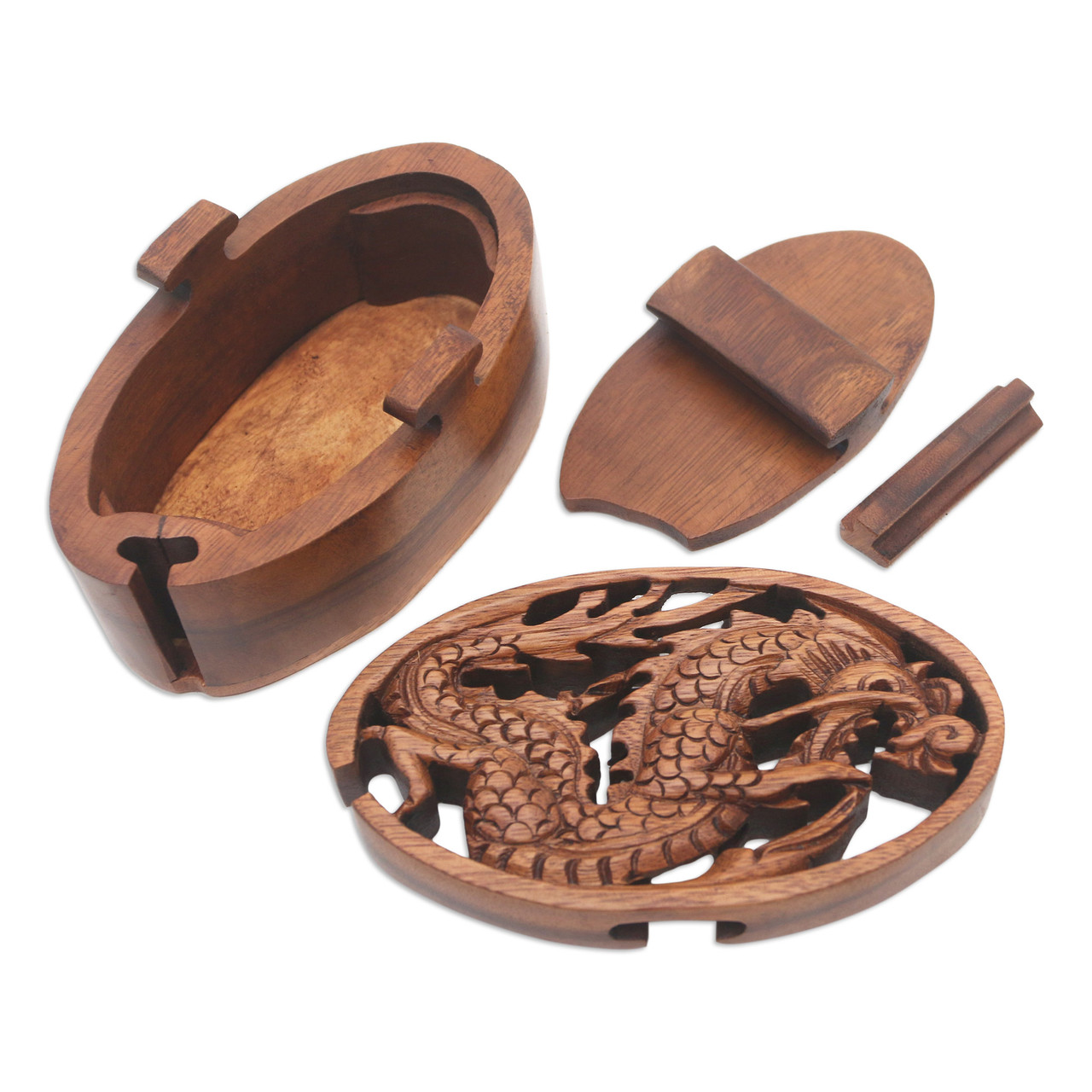 Dragon-Themed Suar Wood Puzzle Box from Bali 'Dragon Oval ...