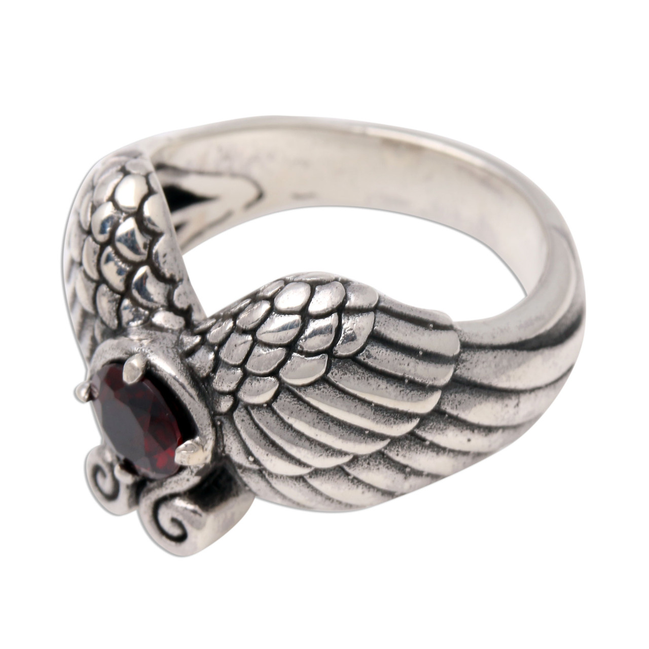 Wing Motif Garnet Band Ring from Bali 'Winged Glitter' - International ...