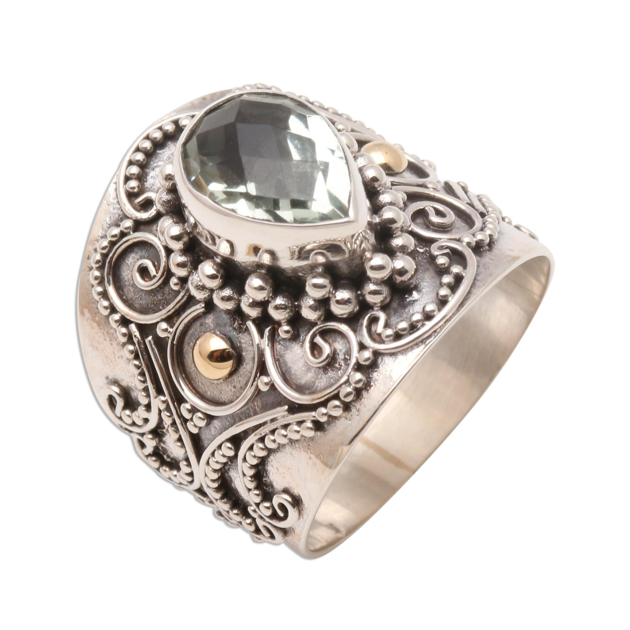 Ornate Balinese Silver and Prasiolite Ring with Gold Accents ...