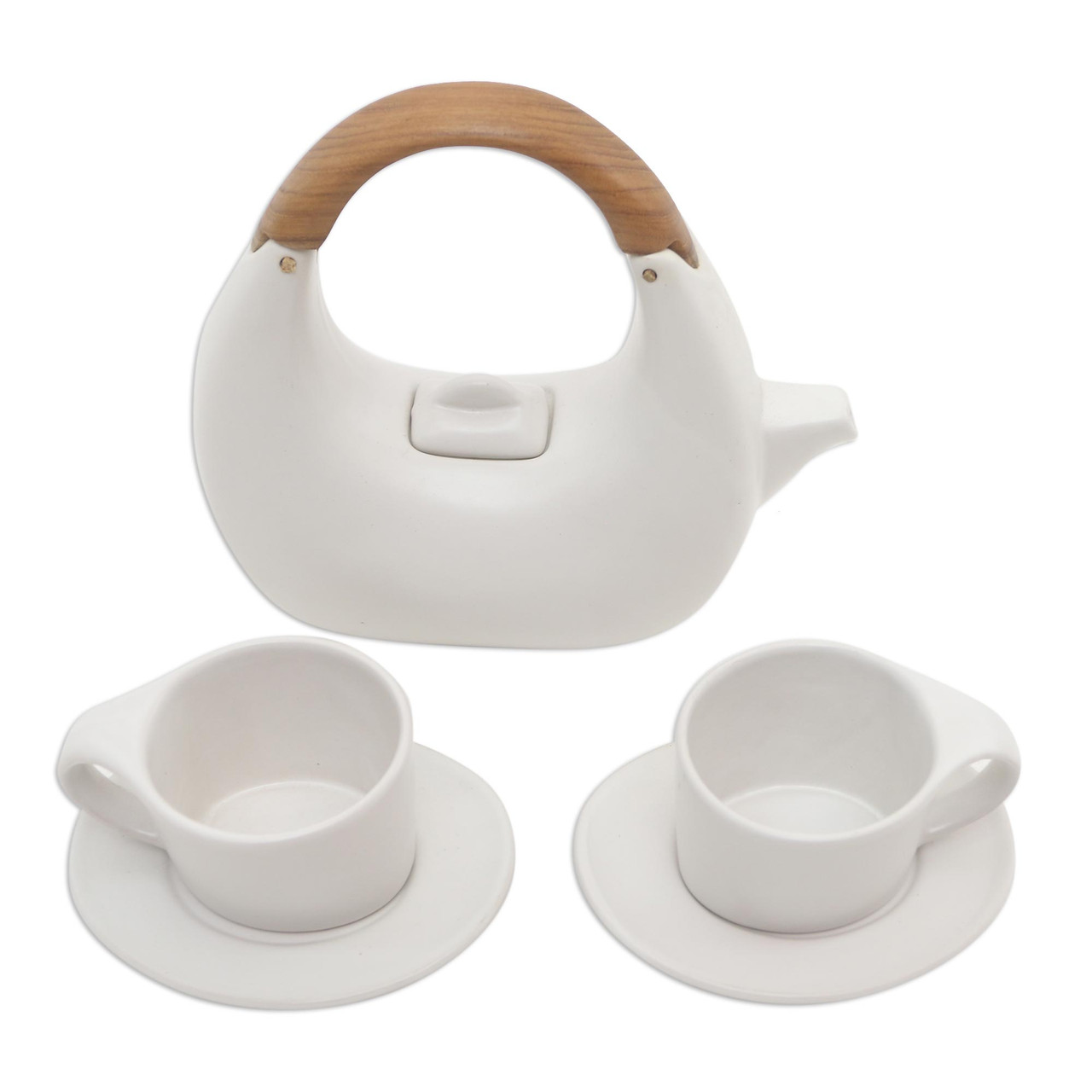 Balinese Matte White Ceramic Tea Set with Teak Handle 'Resting Cloud in ...