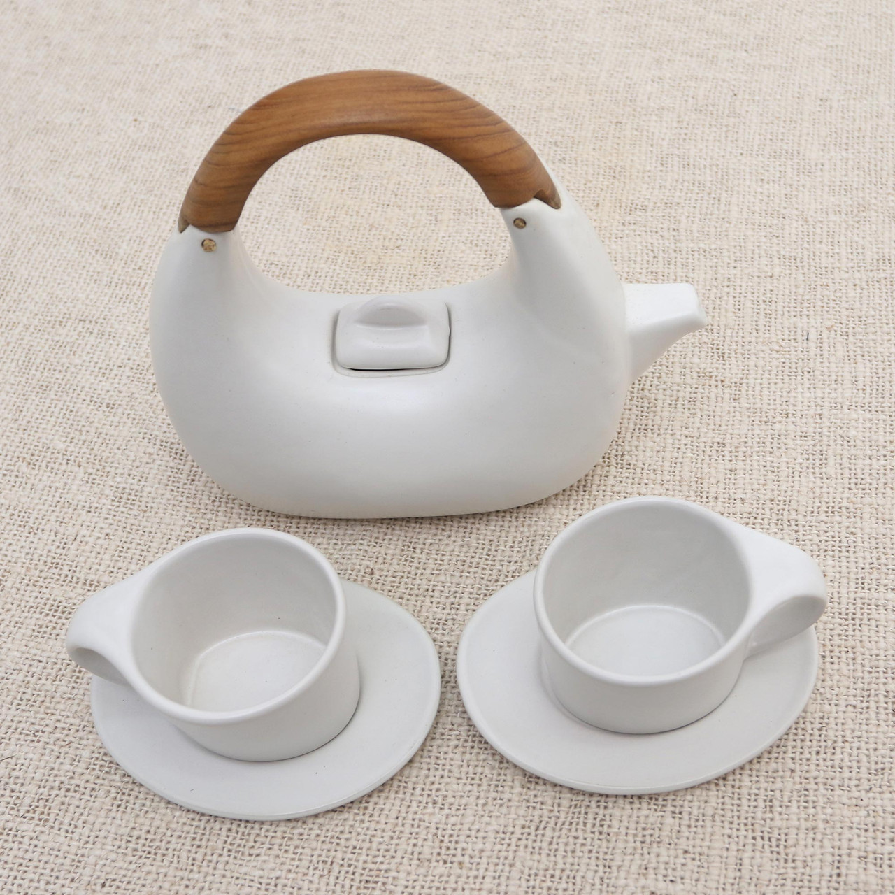Balinese Matte White Ceramic Tea Set with Teak Handle 'Resting Cloud in ...