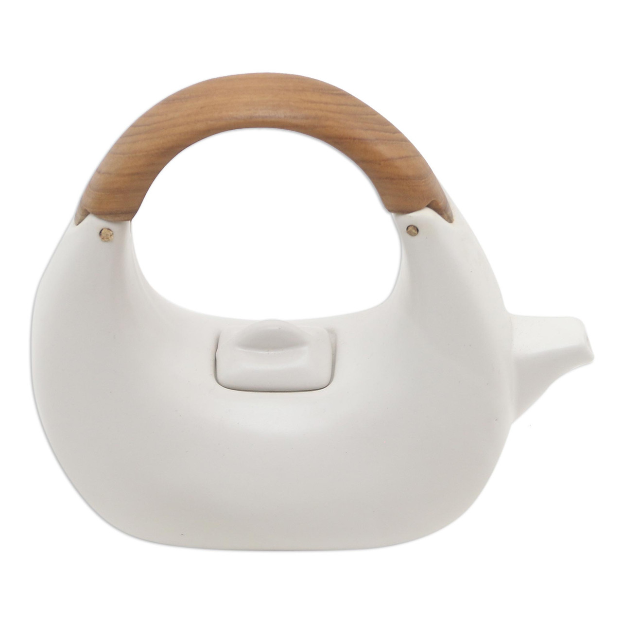 Balinese Matte White Ceramic Tea Set with Teak Handle 'Resting Cloud in ...