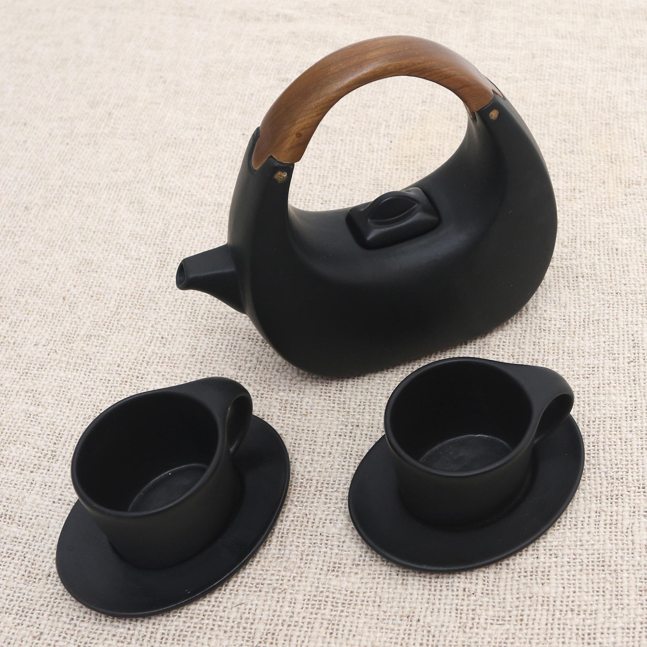 Balinese Matte Black Ceramic Tea Set with Teak Handle 'Resting Cloud in ...