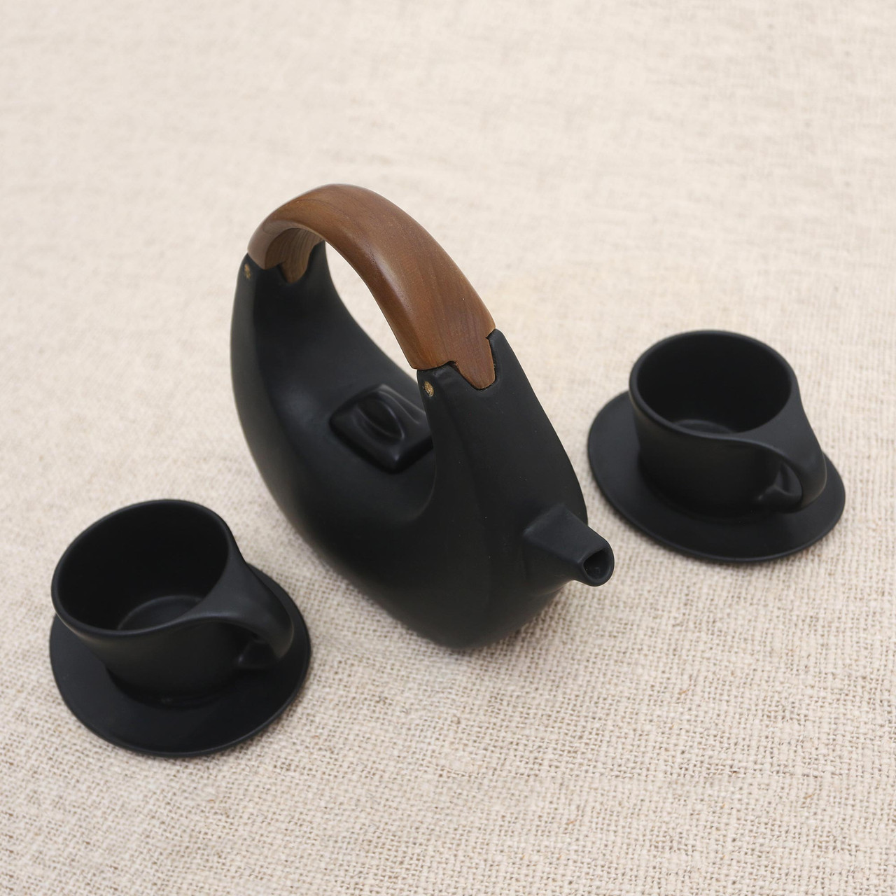Balinese Matte Black Ceramic Tea Set with Teak Handle 'Resting Cloud in ...