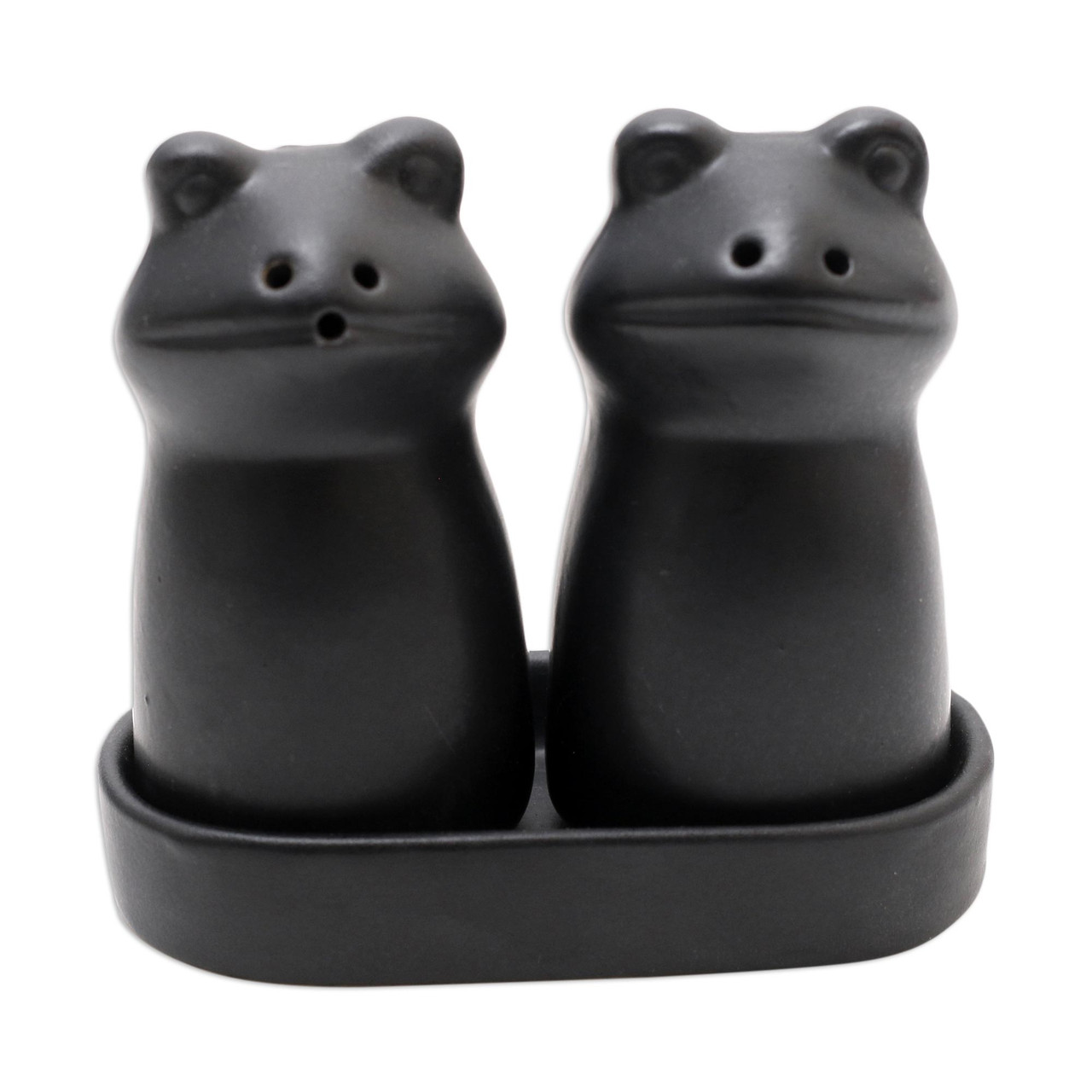 Matte Black Ceramic Frog Salt and Pepper Shakers with Tray 'Fanciful ...