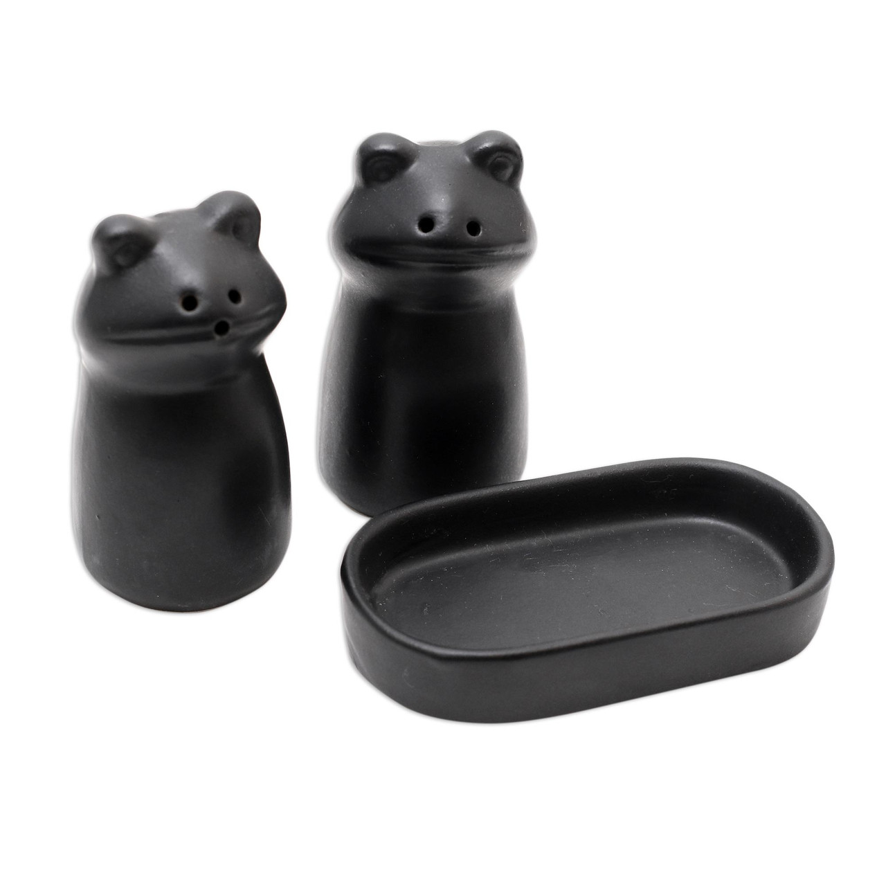 Matte Black Ceramic Frog Salt and Pepper Shakers with Tray 'Fanciful ...