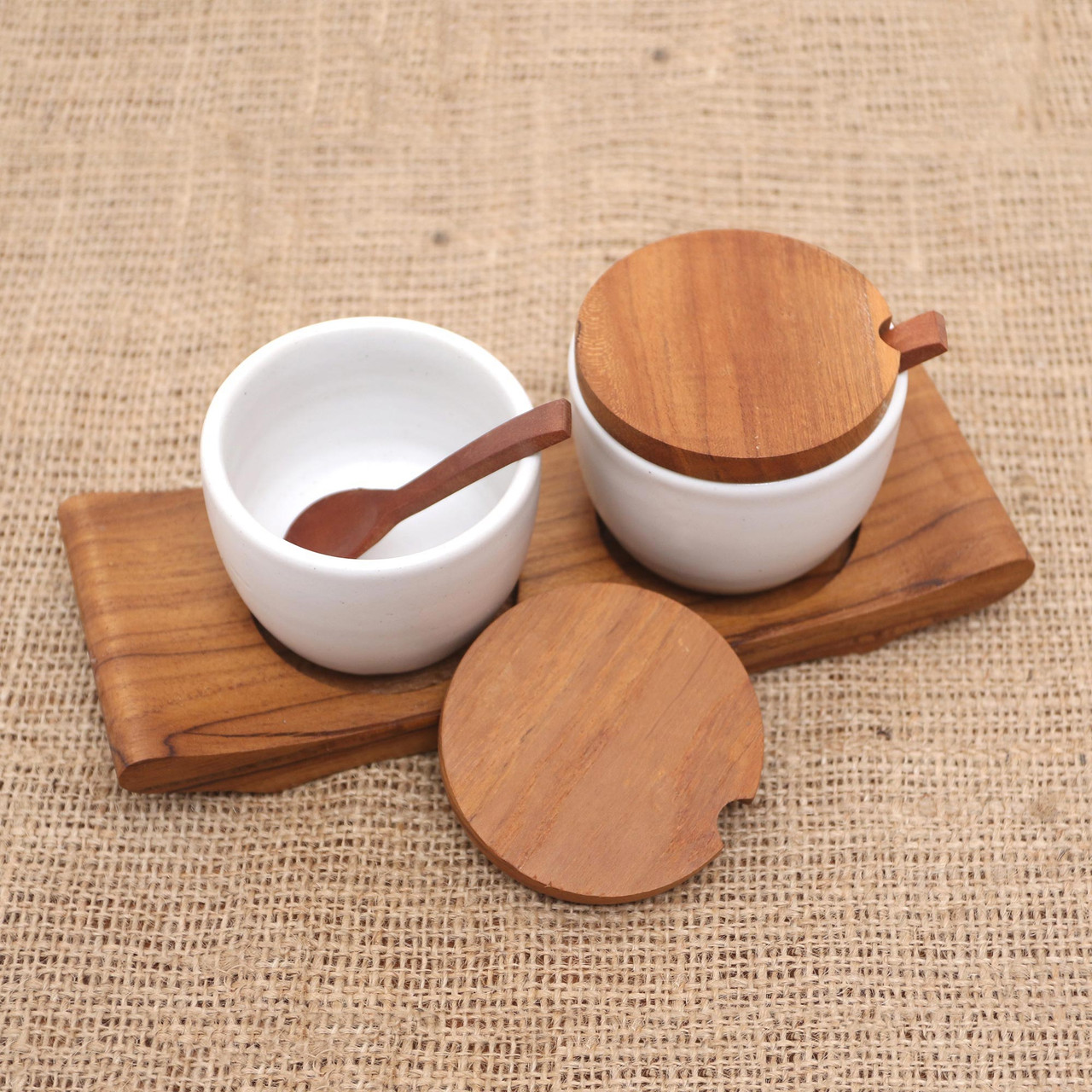 Hand Made Ceramic and Teak Wood Condiment Set 'Flavor Duo in White ...