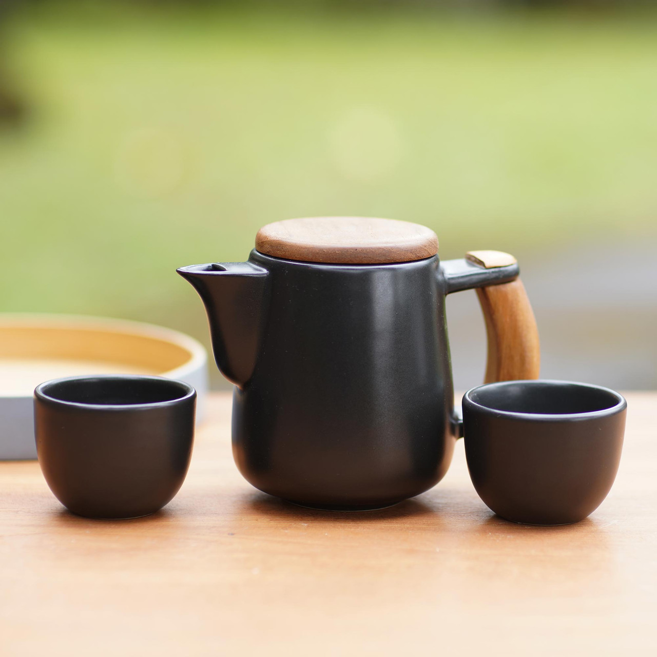 Black Ceramic and Teak Wood Tea Set Set for 2 'Midday Tea in Black ...