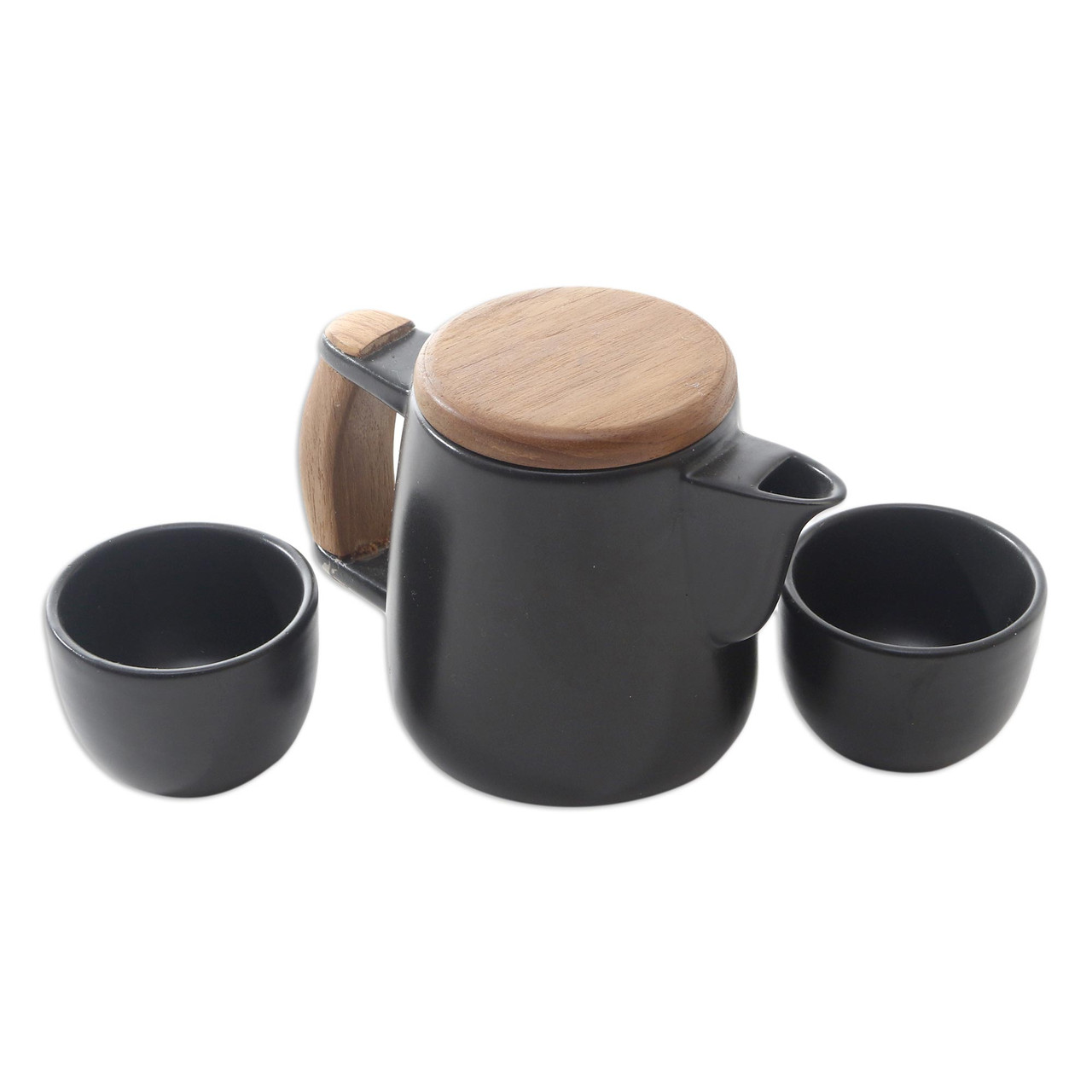 Black Ceramic and Teak Wood Tea Set Set for 2 'Midday Tea in Black ...