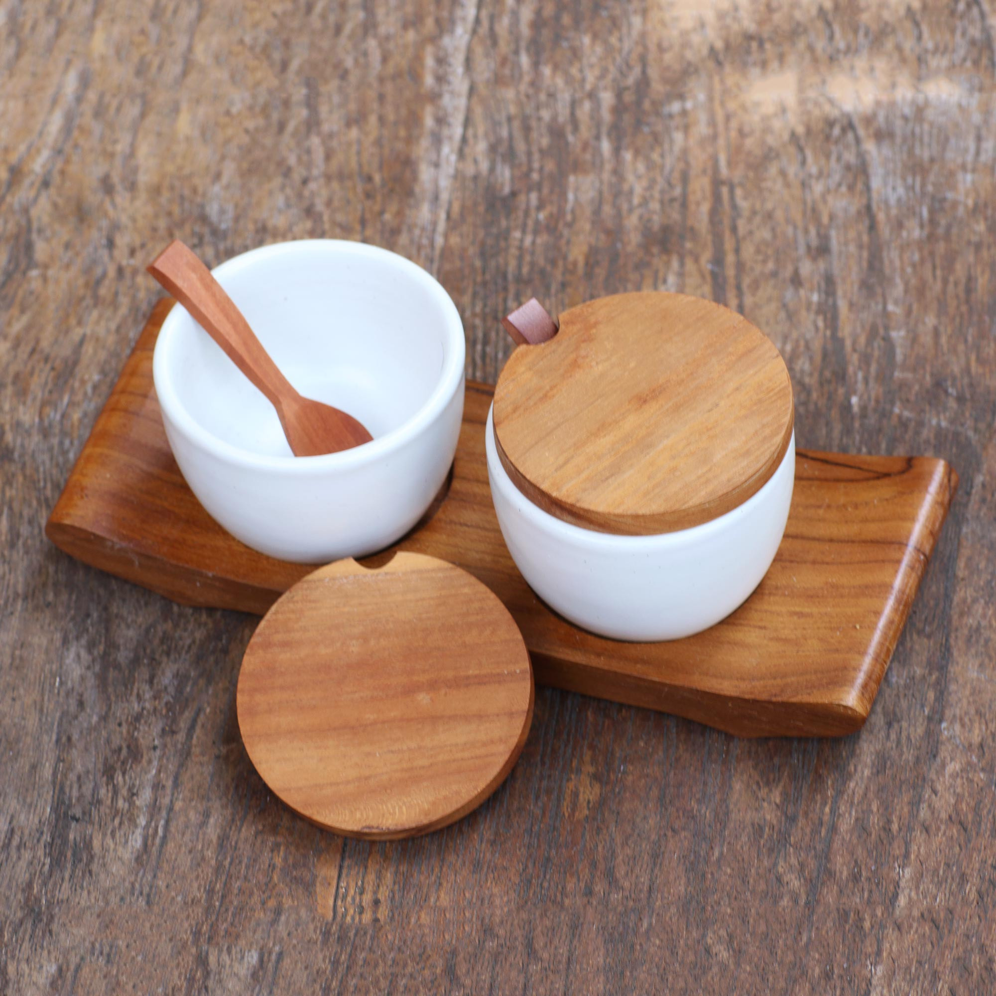 Hand Made Ceramic and Teak Wood Condiment Set 'Flavor Duo in White ...