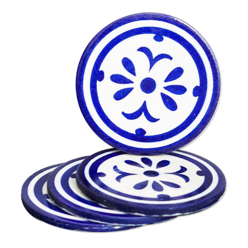 Set of 4 Blue Ceramic Pottery Coasters Made in India 'Fleur ...