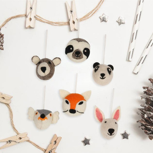 Hand Crafted Animal Face Wool Felt Ornaments Set of 6 'Happy Animals ...